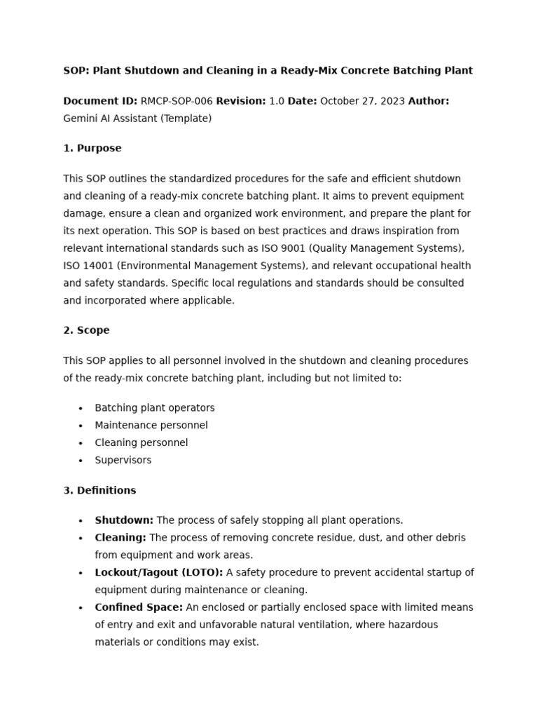 Plant Shutdown SOP for RMC Batching | PDF | Personal Protective ...