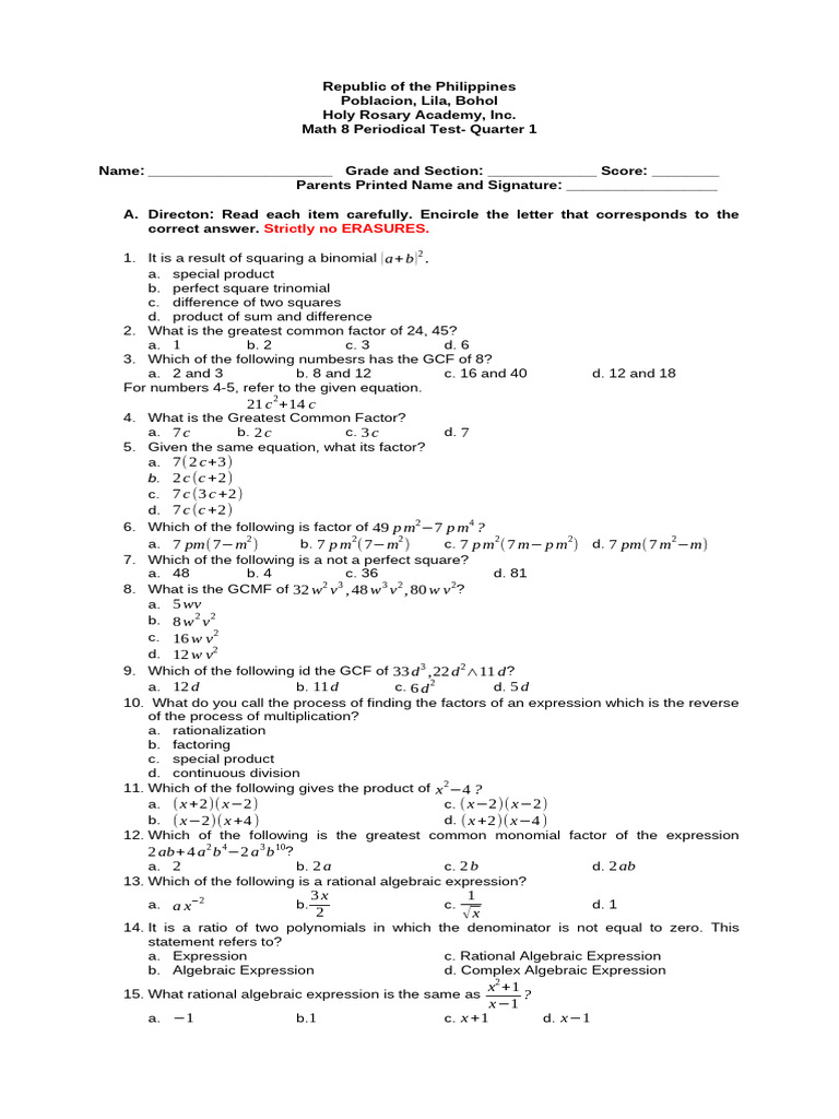 Grade 8 - Summative Exam | PDF | Factorization | Mathematics
