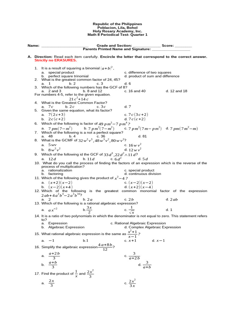 Math 8 Quarter 1 Periodic Test | PDF | Factorization | Mathematics