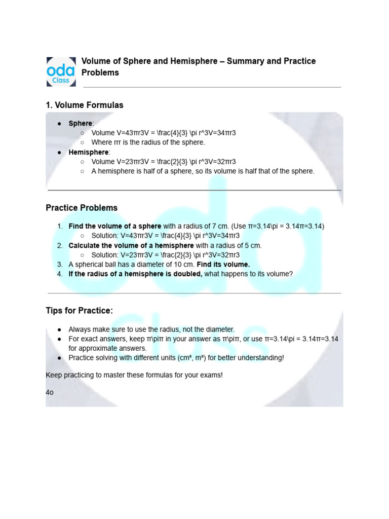Volume of Sphere and Hemisphere - Summary and Practice Problems | PDF