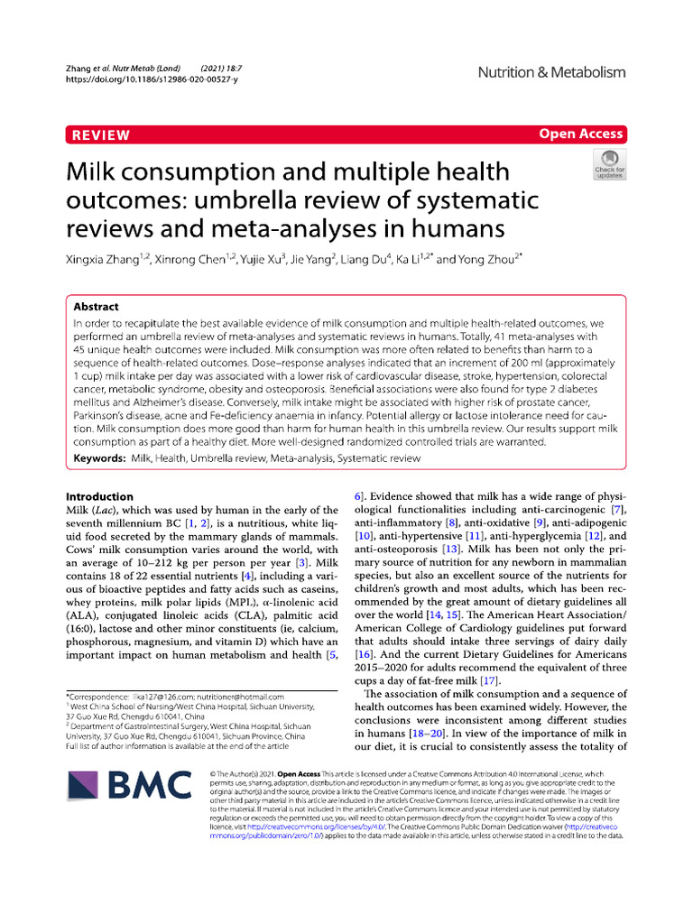 Zhang 2022 Milk Consumption and Multiple Health Outcomes | PDF