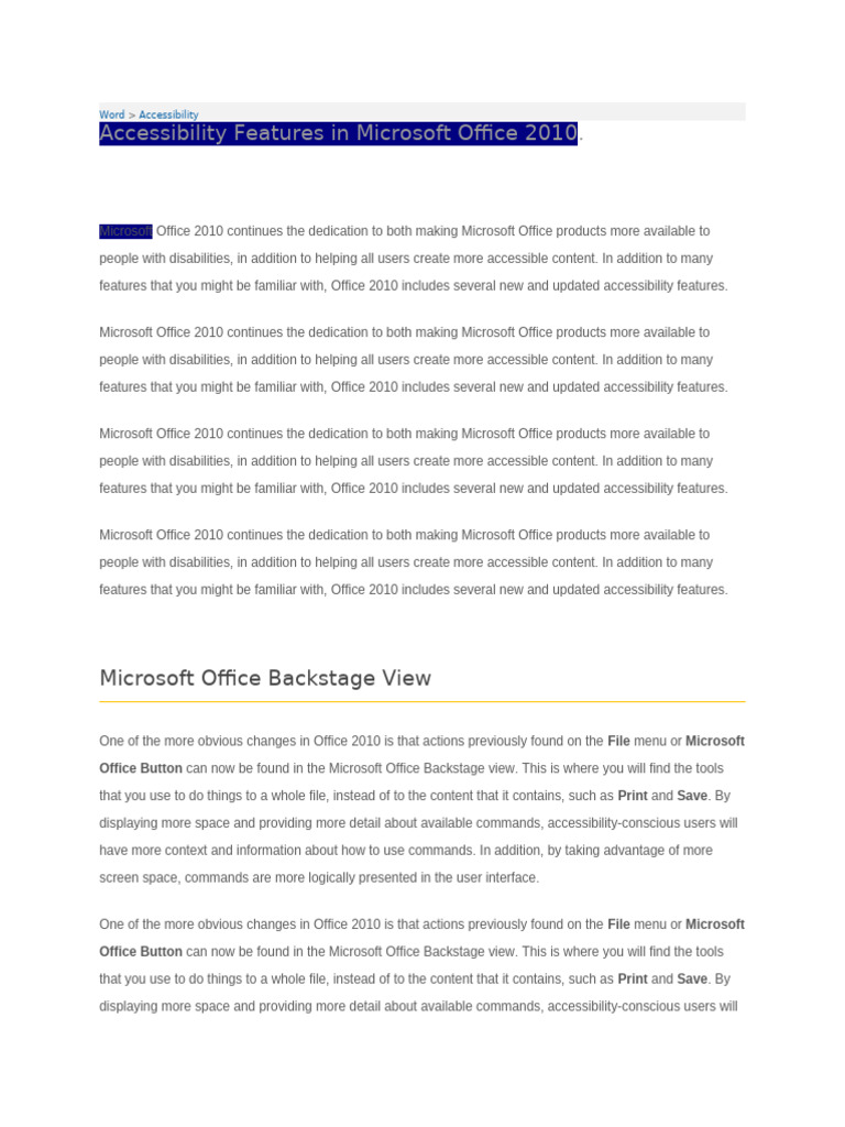 Microsoft Office 2010 Accessibility Features | PDF | Microsoft Office ...