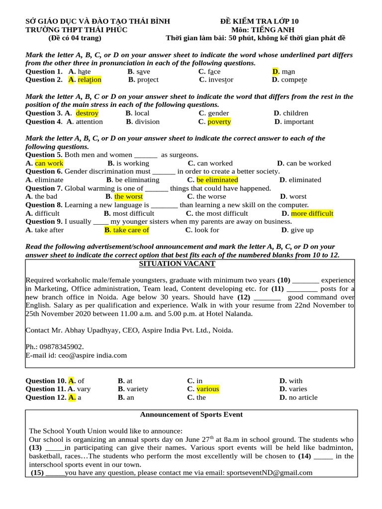 BÍCH - ĐỀ T.A K10 THEO FORM 2025 NỘP TRƯỜNG | PDF | World Wide Fund For ...