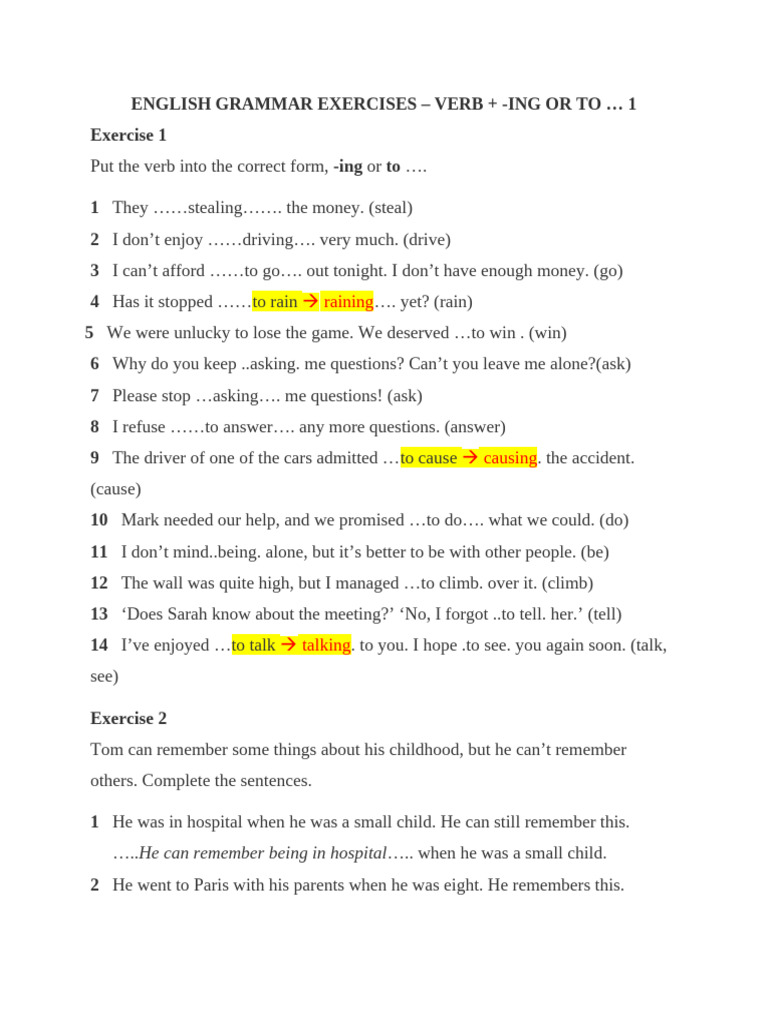 Verb Forms: -ing and To Exercises | PDF