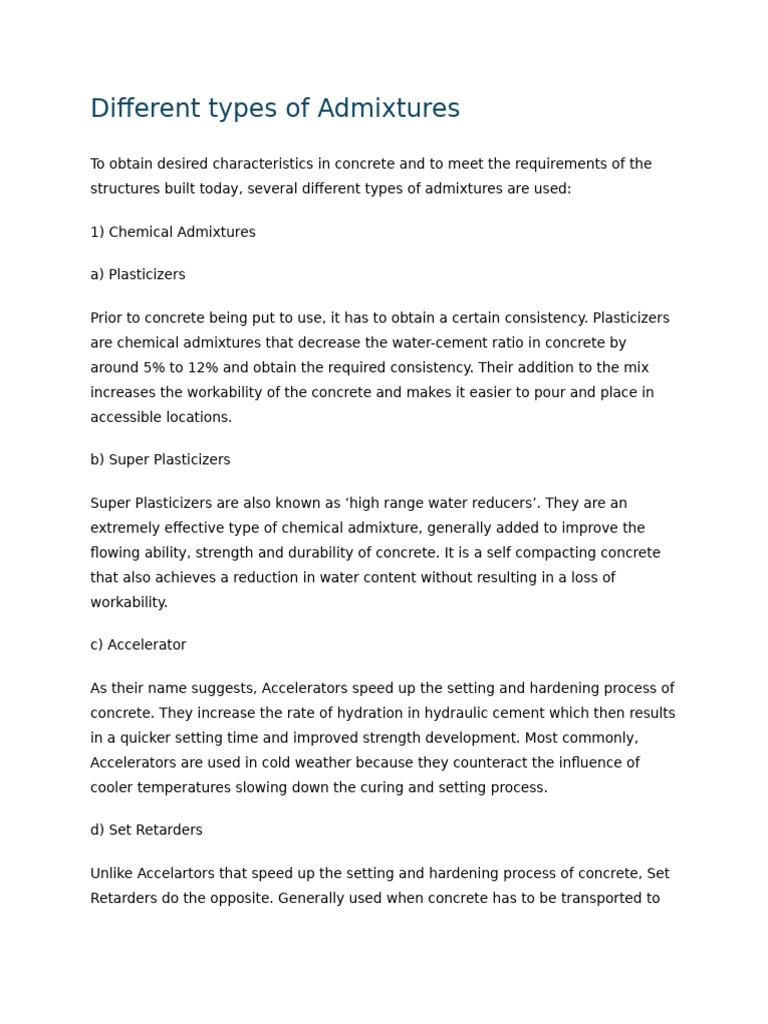 Different Types of Admixtures | PDF | Concrete | Cement