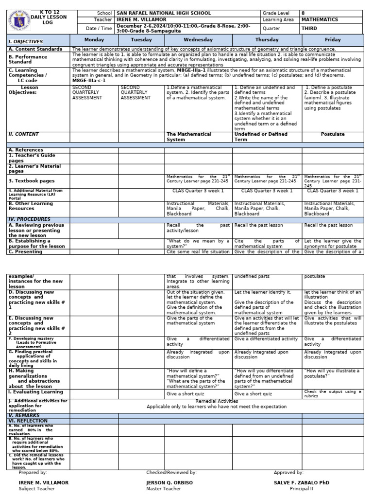 DLL-Math 8 2024-2025 W1 Q3 | PDF | Mathematics | Axiom