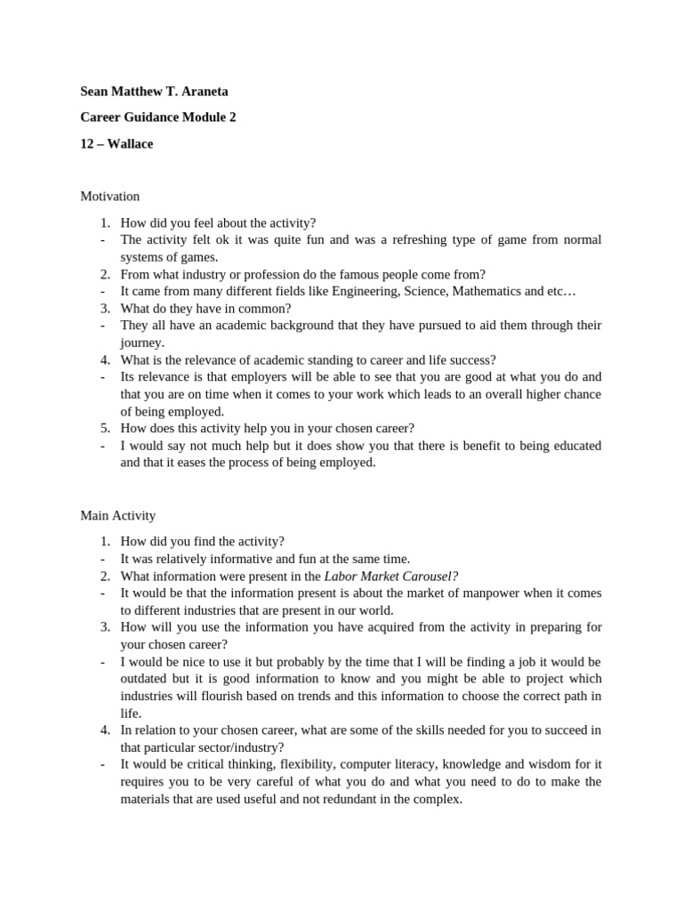 Module 2 Answers Career Guidance (Sean Matthew T. Araneta) | PDF | Critical Thinking | Thought