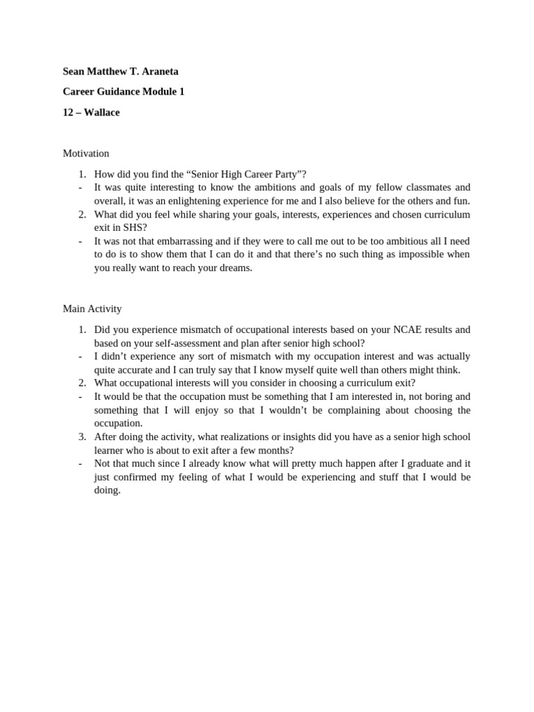 Module 1 Answers Career Guidance (Sean Matthew T. Araneta) | PDF ...