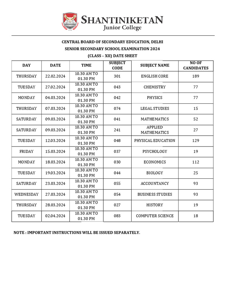 STD Xii - Cbse Board Time Table | PDF