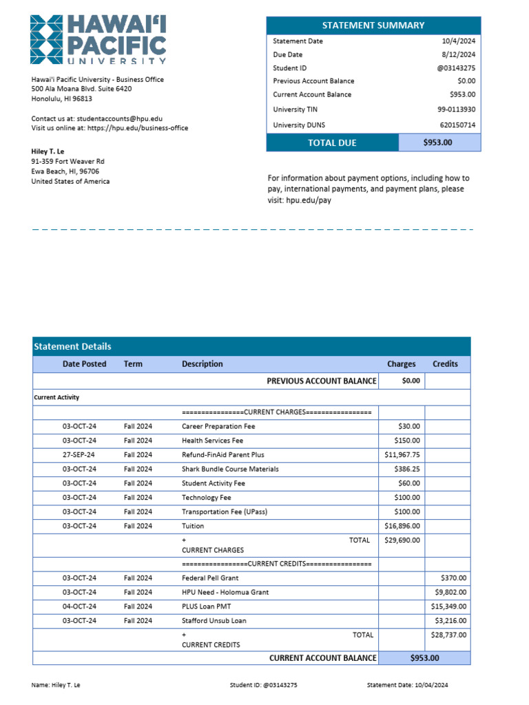 Statement Summary: Hiley T. Le | PDF | Tuition Payments | Payments