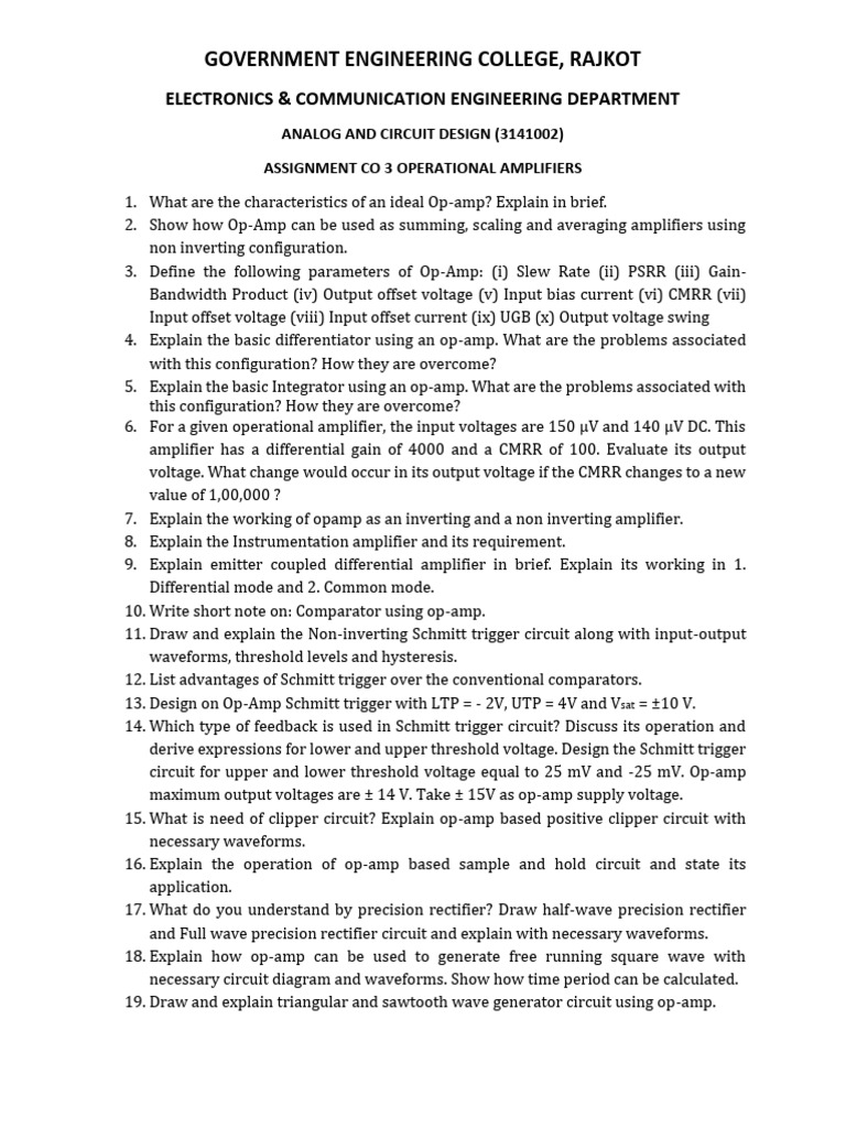 Assignment ACD CO3 1 OPAMP | PDF | Operational Amplifier | Amplifier