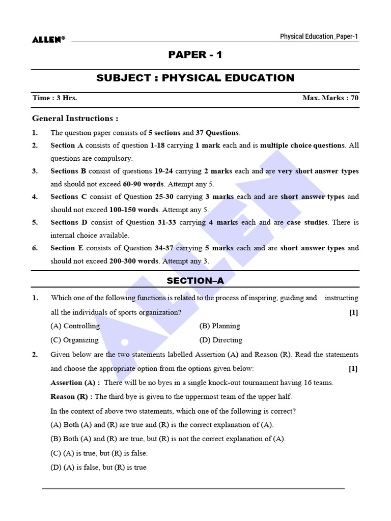 Sample Paper 1 Physical Education1 | PDF