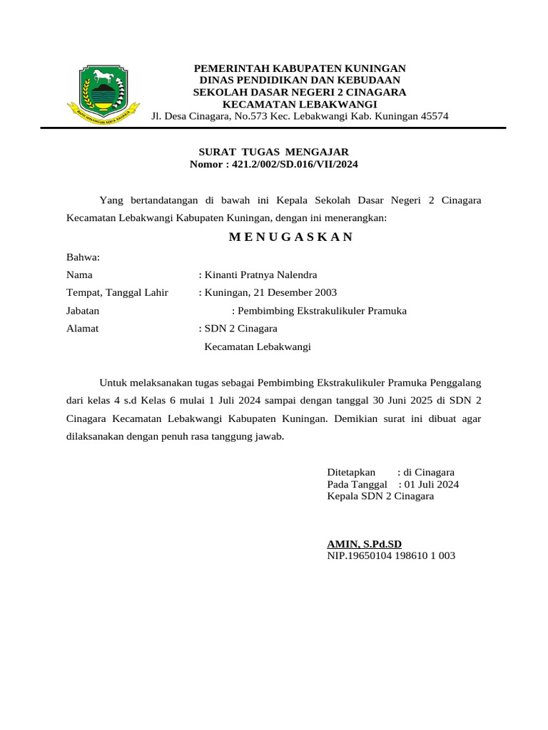 Surat Tugas Pelatih Ekskul | PDF