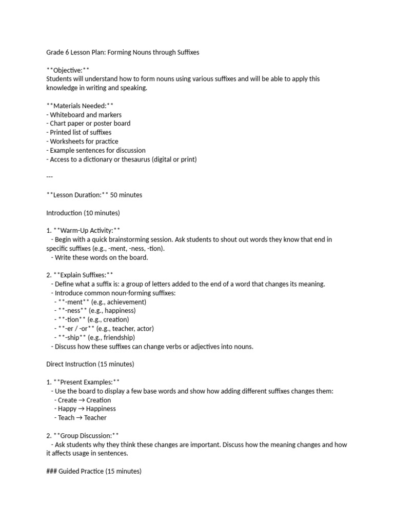 Grade 6 Lesson Plan Suffix | PDF | Word | Lesson Plan