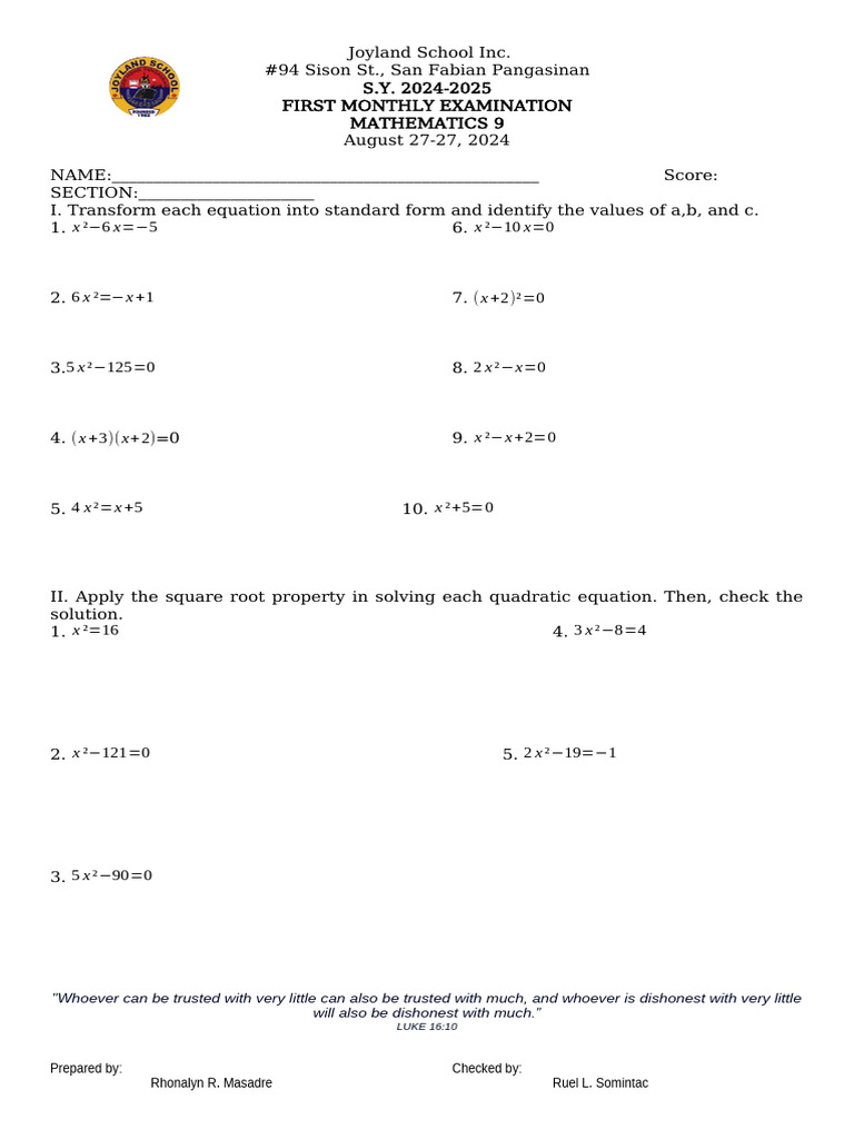 First Monthly Exam | PDF