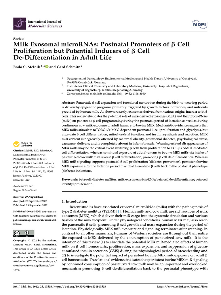 Melnik 2022 Milk Exosomal MicroRNAs Postnatal Promoters of Beta Cells Proliferation but ...