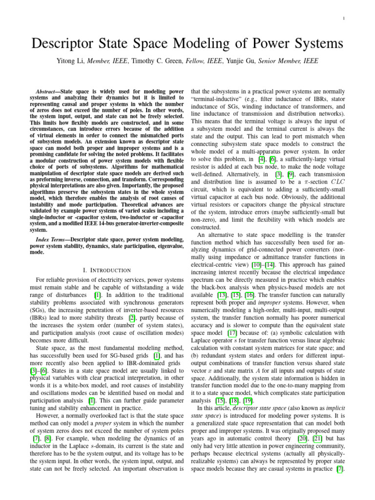 Descriptor State Space Modeling of Power Systems | PDF | Eigenvalues And Eigenvectors | Matrix ...