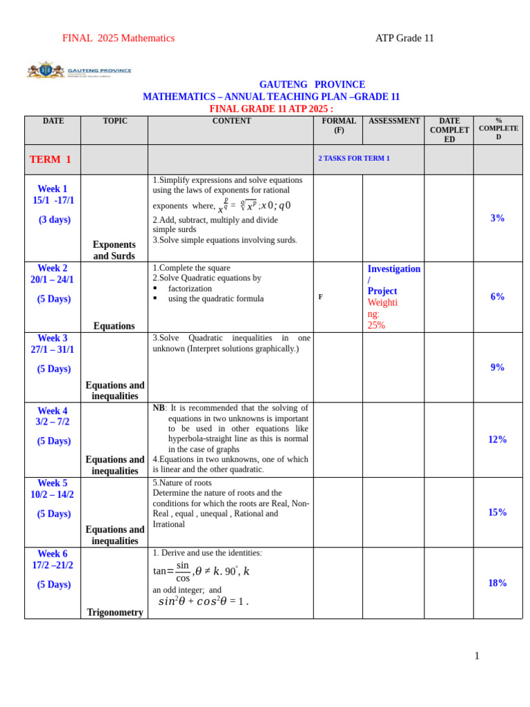 2025 Grade 11 Mathematics Teaching Plan | PDF | Circle | Perpendicular