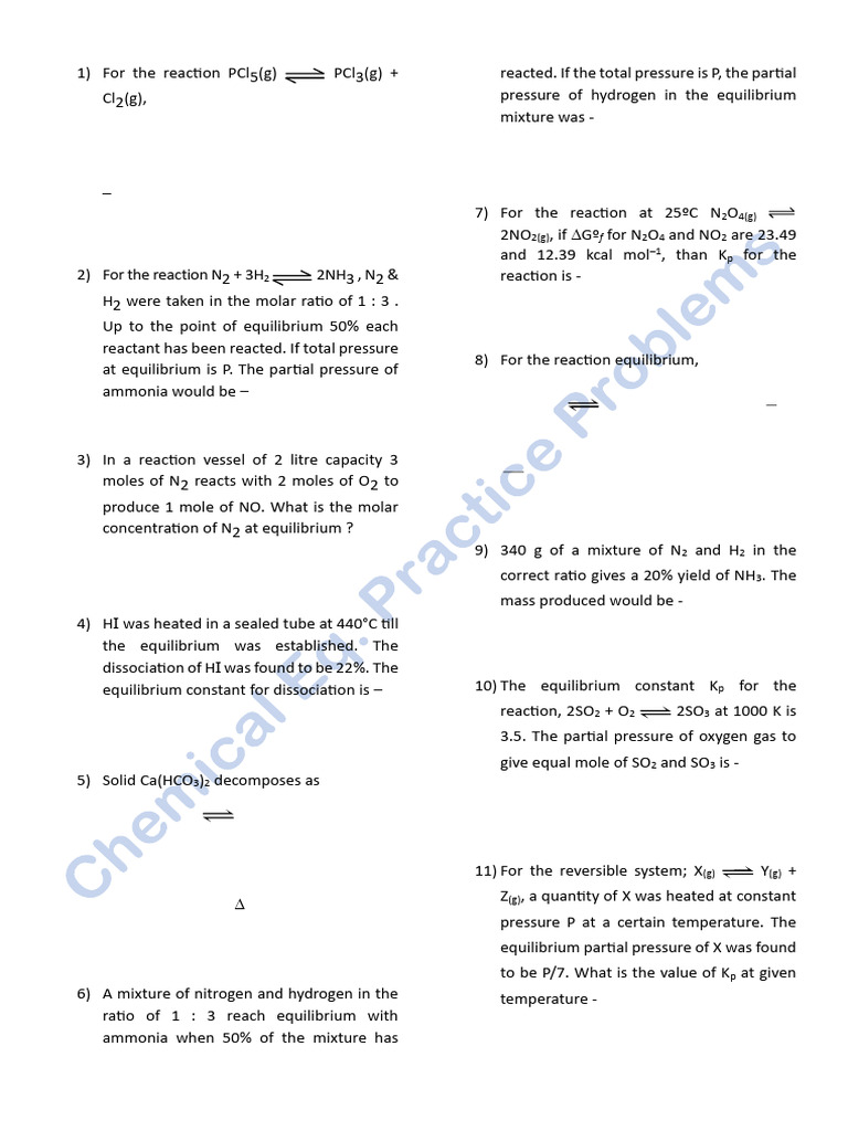 Chemical Equilibrium Home Work Practice Problems | PDF | Ammonia ...