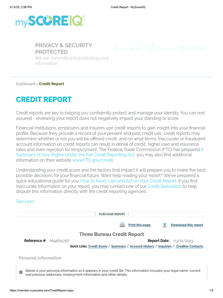 Credit Report - MyScoreIQ | PDF | Credit History | Credit Score