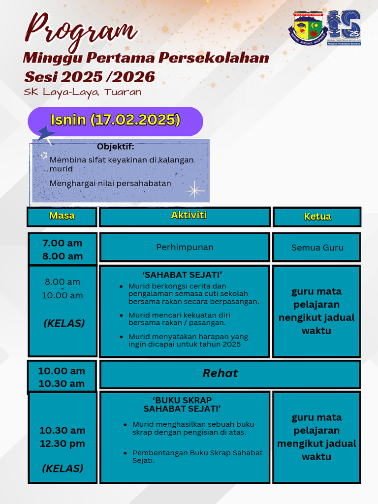 PROGRAM MINGGU PERTAMA PERSEKOLAHAN 20252026 | PDF