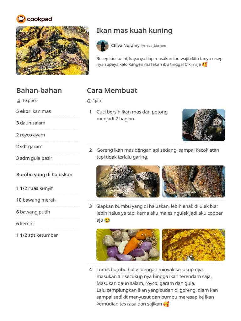 Resep Ikan Mas Kuah Kuning Oleh Chiva Nurainy - Cookpad | PDF