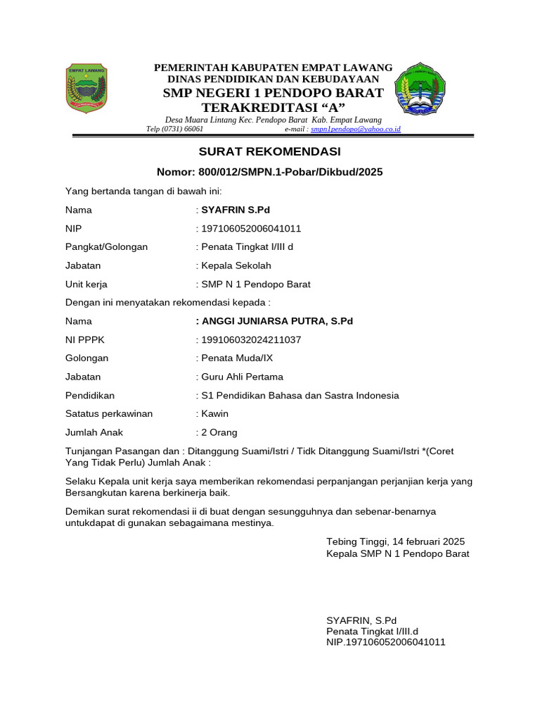 Surat Rekomendasi PPPK Apren 2025 | PDF