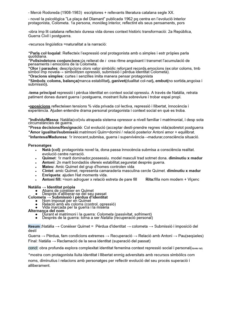 Comentari de Text Plaça Del Diament | PDF