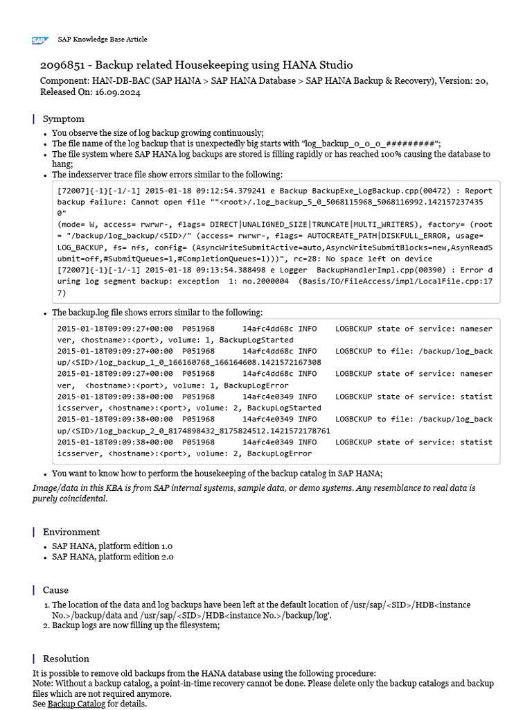 Backup related Housekeeping using HANA Studio | PDF | Backup | System ...