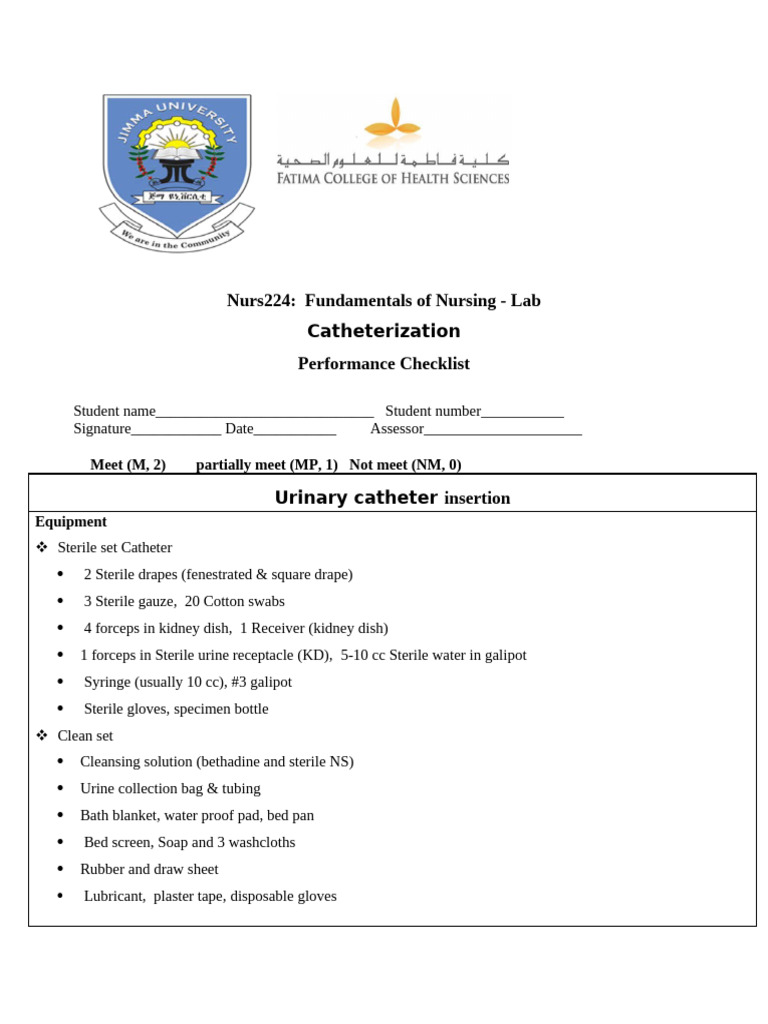 Urinary Catheterization Lab Checklist | PDF | Urology | Genitourinary ...
