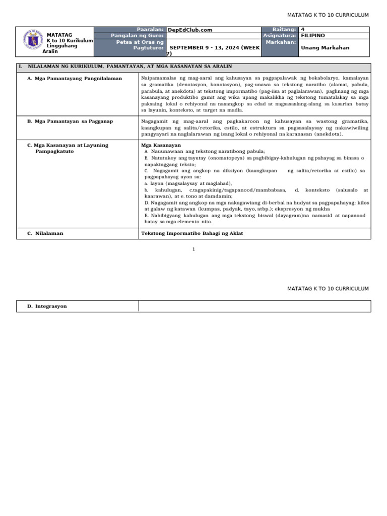 DLL MATATAG _FILIPINO 4 Q1 W7 | PDF