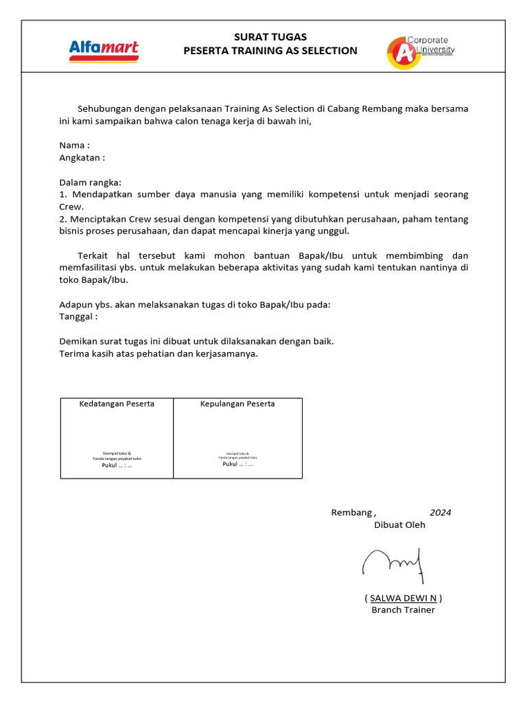 Surat Tugas Training As Selection | PDF