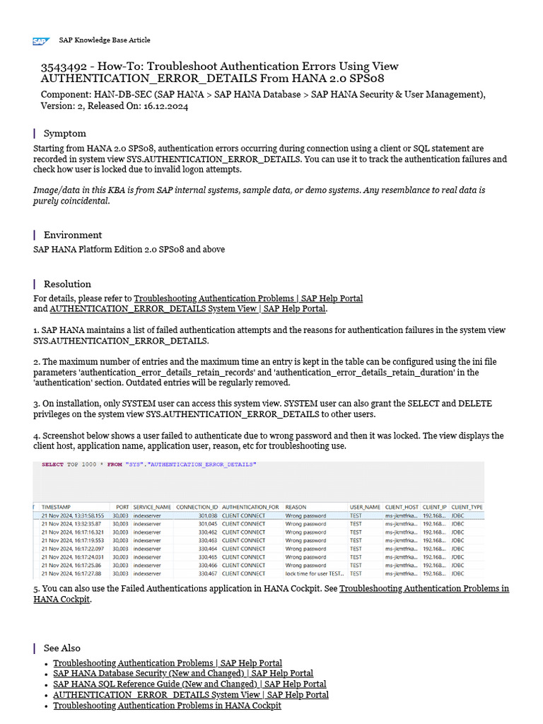 How-To Troubleshoot Authentication Errors Using View AUTHENTICATION - ERROR - DETAILS From HANA ...