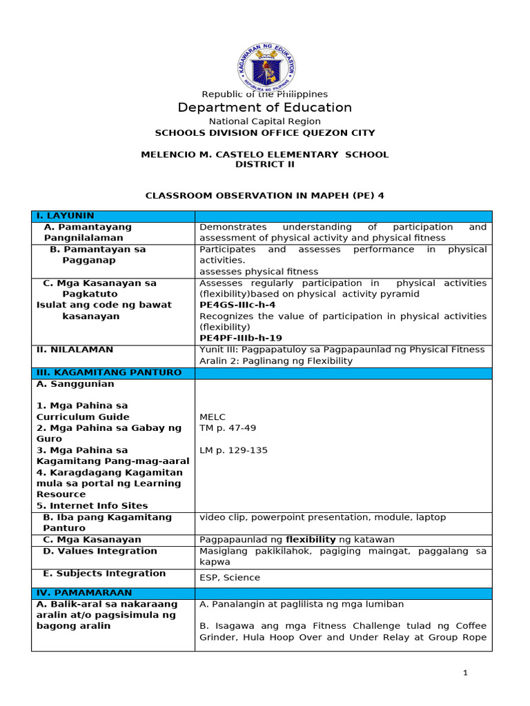 Cot Mapeh Pe q3 Aralin 2 Sy 2023-2024 | PDF