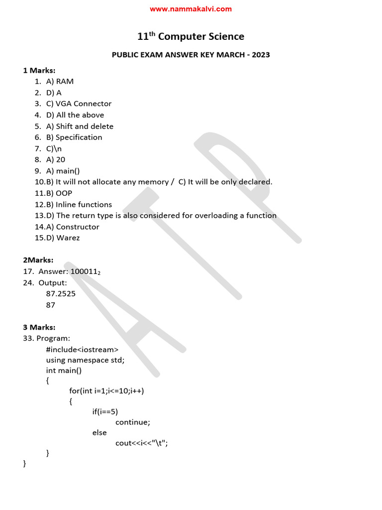 Namma Kalvi 11th Computer Science Public Exam 2023 Answer Key EM 221759 ...