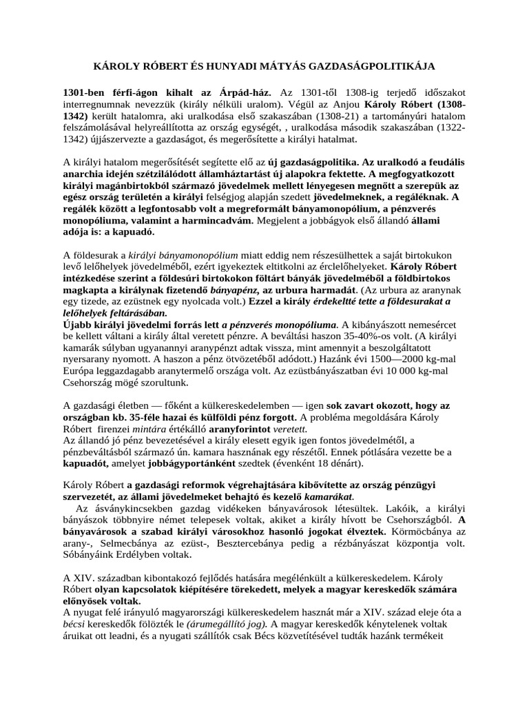 Károly Róbert És Hunyadi Mátyás Gazdaságpolitikája | PDF