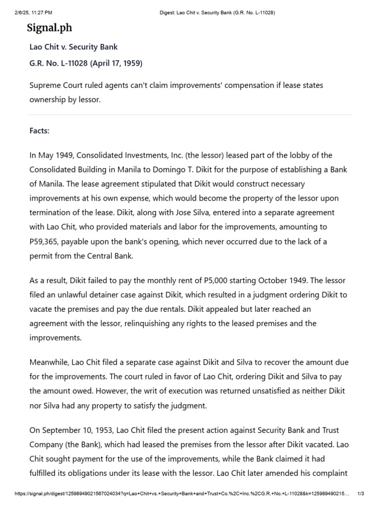 1-13digest - Lao Chit v. Security Bank (G.R. No. L-11028) | PDF | Lease | Common Law