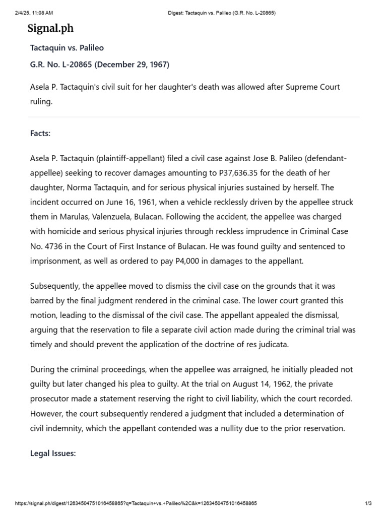 Tactaquin vs. Palileo: Civil Suit Ruling | PDF | Lawsuit | Judgment (Law)