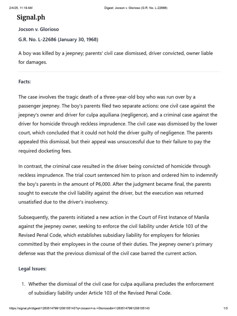2162 - 14digest - Jocson v. Glorioso (G.R. No. L-22686) | PDF | Legal ...