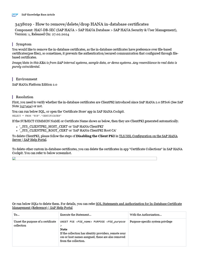 Remove HANA In-Database Certificates | PDF | Public Key Certificate | Sql