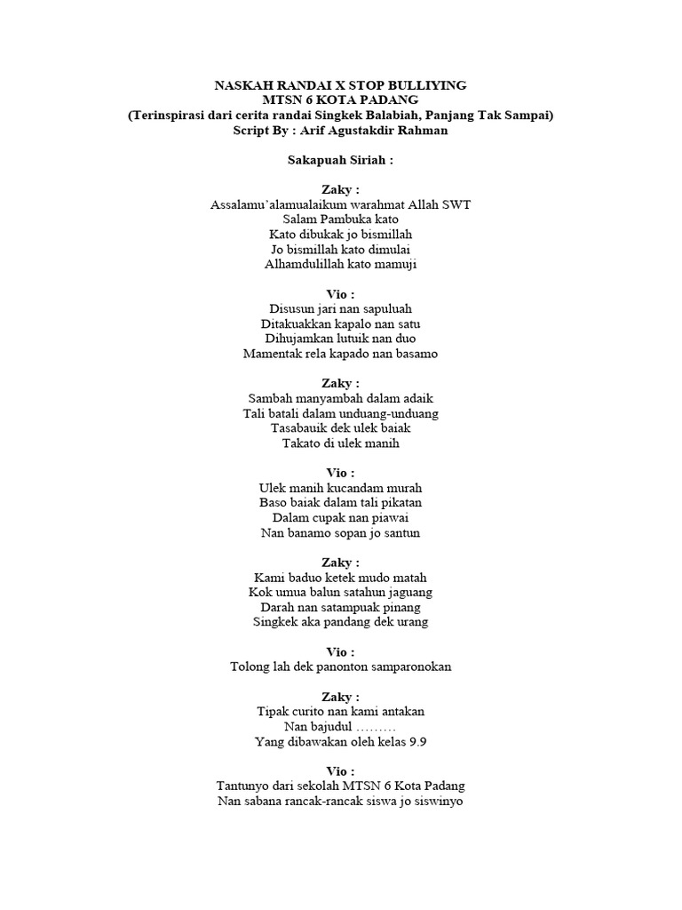 NASKAH RANDAI BULLYING MTSN 6 KOTA PADANG | PDF