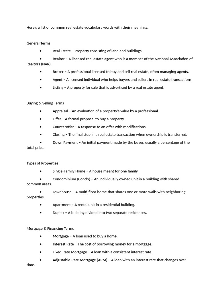 Essential Real Estate Vocabulary Guide | PDF