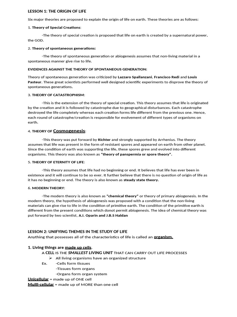 HANDOUT IN LIFE SCIENCE LESSON 1 AND 2origin of Life and Unifying ...