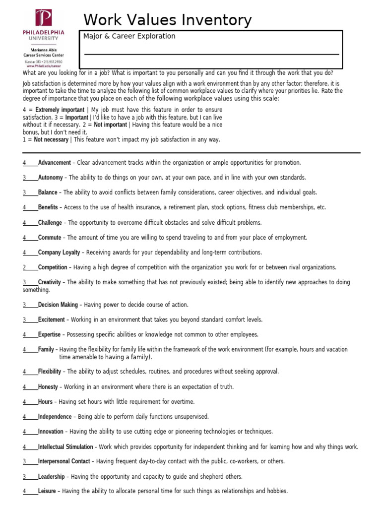 Work Values Inventory: Major & Career Exploration | PDF | Job Satisfaction | Employment