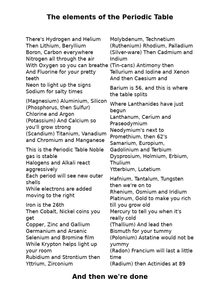 Periodic Table Song Lyrics | PDF | Periodic Table | Metals