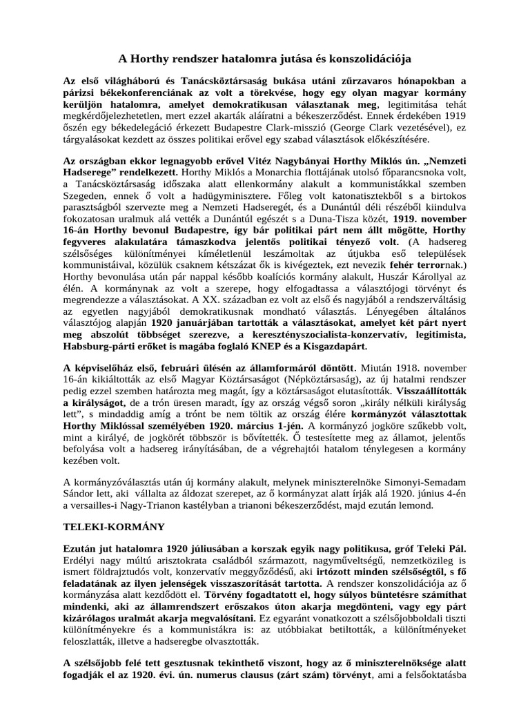Horthy Rendszer Konszolidációja | PDF