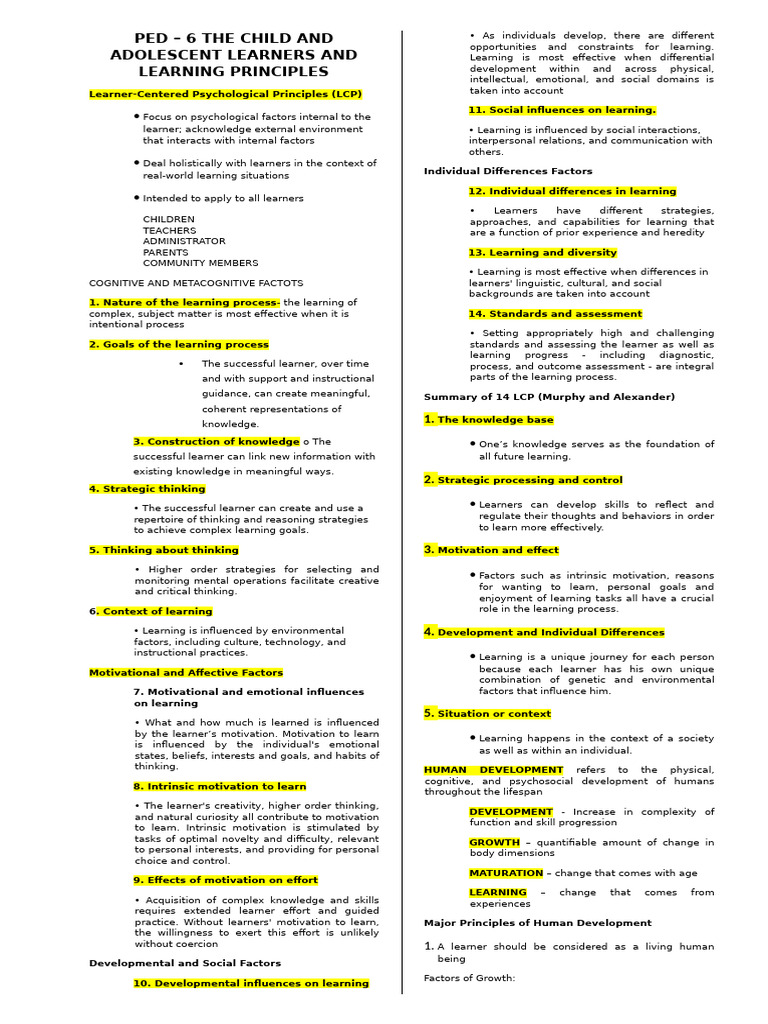 Ped 6 Child and Adolescent Learners and Learning Principle | PDF | Attachment Theory | Learning