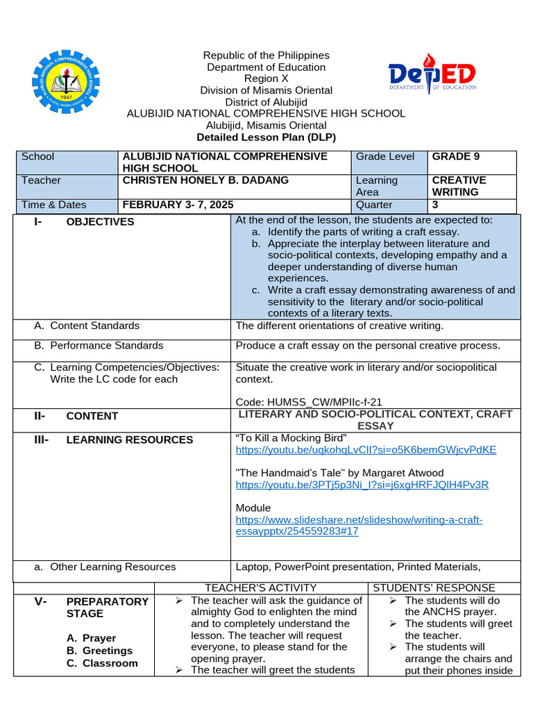 Grade 9 Creative Writing Lesson Plan | PDF | Essays | Teachers