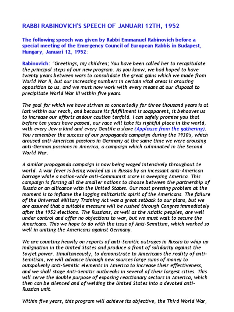 Speech Rabbi Rabinovich 1952 | PDF | Antisemitism | Unrest