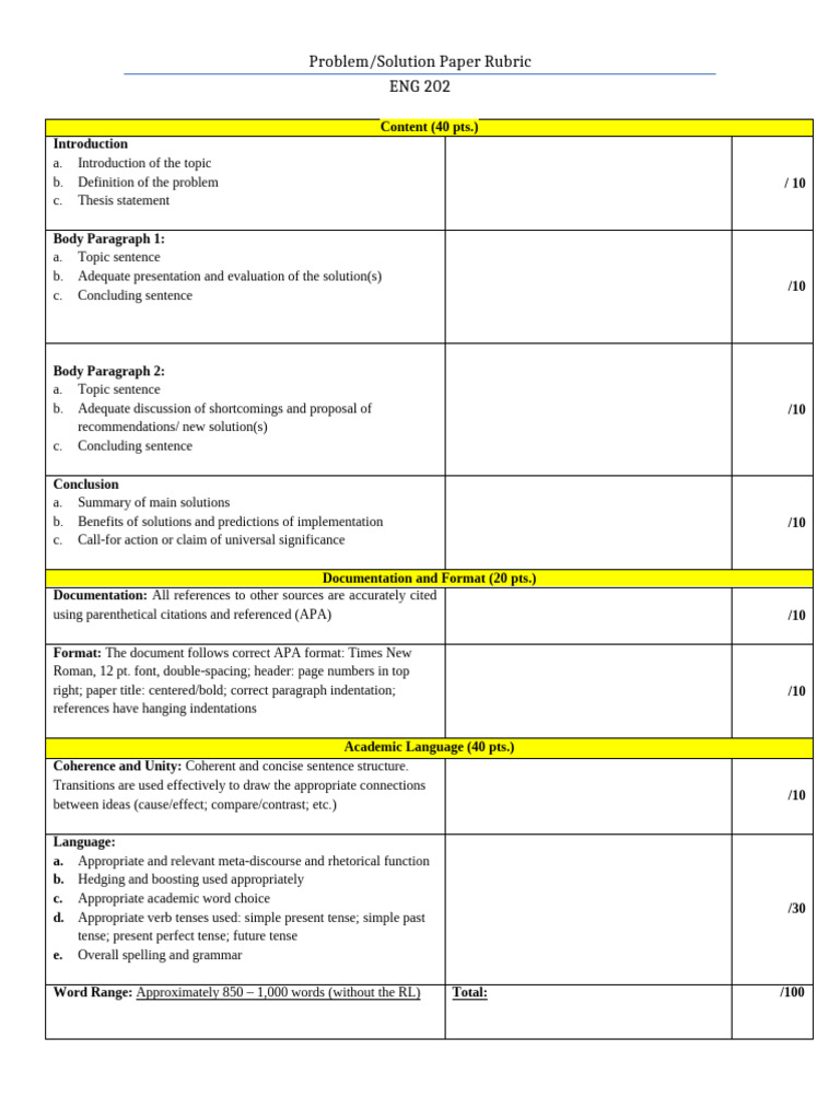Problem Solution Paper Rubric | PDF